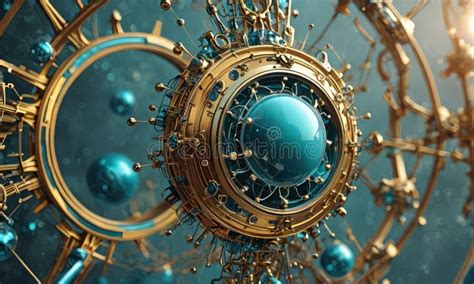 3d Complex Metallic Structure With Central Blue Sphere Surrounded By Smaller Blue Spheres And