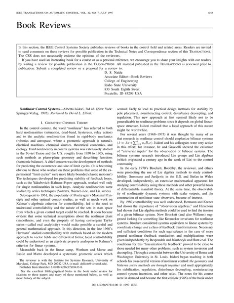 Pdf Nonlinear Control Systems Book Reviews