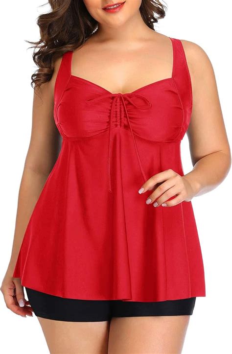 Yonique Plus Size Red Tankini Swimsuits For Women With Shorts Flyaway Bathing Suits 2 Piece