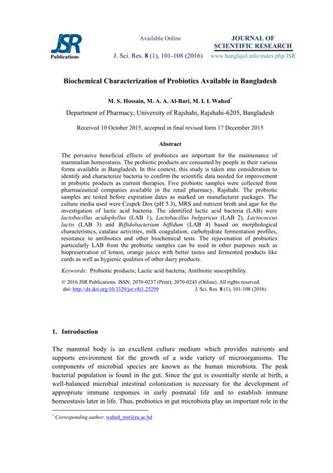 Pdf Biochemical Characterization Of Probiotics Available In Bangladesh