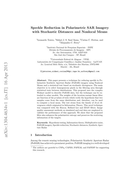 Pdf Speckle Reduction In Polarimetric Sar Imagery With Stochastic Distances And Nonlocal Means