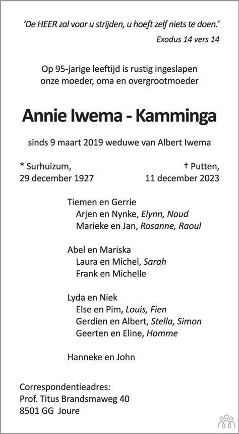 Annie Iwema Kamminga 11 12 2023 Overlijdensbericht En Condoleances Mensenlinq Nl