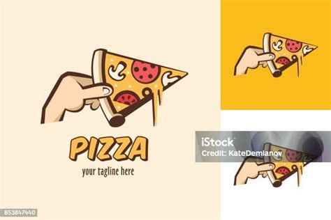 벡터 만화 스타일 카페 피자에 대 한 기호입니다 버섯 소시지 토마토와 손에 치즈 피자의 쪼 갠 다 기업 재무와 산업에 대한 스톡 벡터 아트 및 기타 이미지 Istock