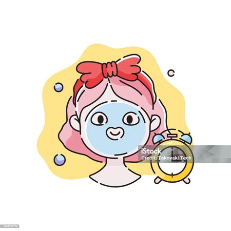 시트 얼굴 마스크를 적용하는 젊은 여성 15 분 동안 타이머 마스크 지침 스킨케어 스파와 미용을 위한 화장품 절차 귀여운 만화 벡터 일러스트 레이 션 101에 대한 스톡