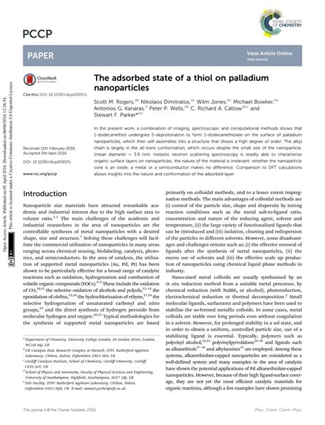 Pdf The Adsorbed State Of A Thiol On Palladium Nanoparticles