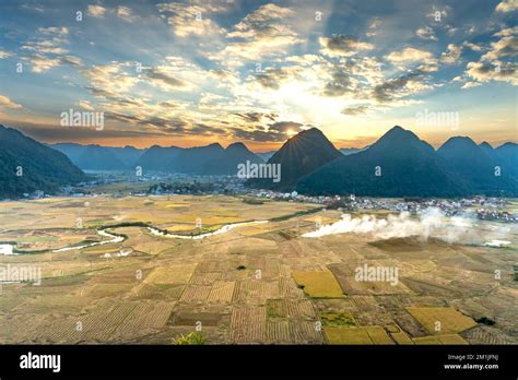 Panoramic View Of Bac Son Valley During The Ripe Rice Season View From