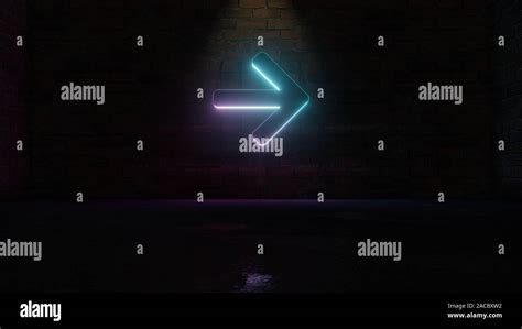 3d Rendering Of Blue Violet Neon Symbol Of Arrow Right On Dark Brick Wall Background With Wet
