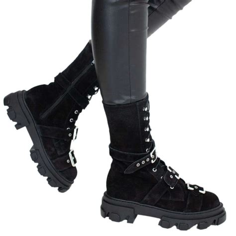 Bocanci Dama Negri Din Piele Intoarsa Combat Cu Barete Si Catarame Ted Shoes 35 Ted Shoes