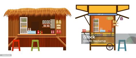 세트 와룽 길거리 음식 카페 레스토랑 작은 가족 소유의 부시 인 상점 벡터 격리 만화 스타일 가족에 대한 스톡 벡터 아트 및 기타 이미지 Istock