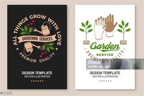 정원 가꾸기 및 정원 작업 서비스 포스터 배너 세트 벡터 그림입니다 손 정원 흙손 농업 포크 정원 가지 치기 물 뿌리개 정원 장갑 원예 장비 실루엣으로 포스터 디자인