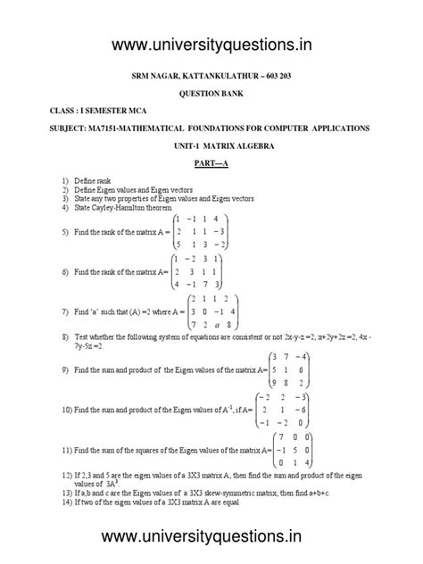 Ma7151 Mathematical Foundations For Computer Applications Question Bank Pdf Eigenvalues And