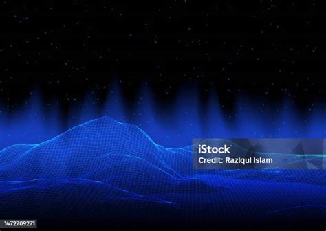 별이 빛나는 하늘에 대한 와이어 프레임 풍경과 추상적 인 현대적인 배경 0명에 대한 스톡 벡터 아트 및 기타 이미지 0명 3차원 형태 디지털 생성 이미지 Istock
