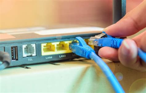 The Man Connect LAN Cable To Router Stock Image Image Of Information Fibre