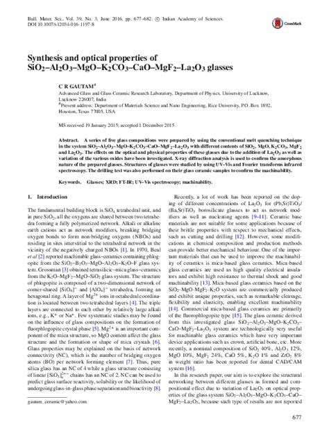 Pdf Synthesis And Optical Properties Of Sio2 Al2o3 Mgo K2co3 Cao Mgf2 La2o3 Glasses