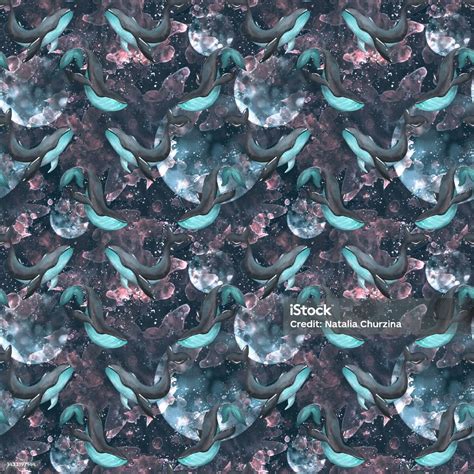 어두운 배경에 달과 별 성운이있는 우주 하늘의 배경에있는 고래 수채화 그림 큰 고래 세트에서 완벽한 패턴 장식 및 디자인 고래에