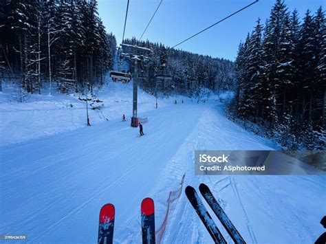 스키 리프트와 알파인 겨울 풍경 눈 덮인 숲이 우거진 슬로프에서 스키어와 함께 가로수에 대한 스톡 사진 및 기타 이미지 가로수 겨울 겨울 스포츠 Istock