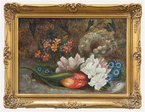 F Richard C 1880 Oil Birds Nest And Flowers By F Richard 1880