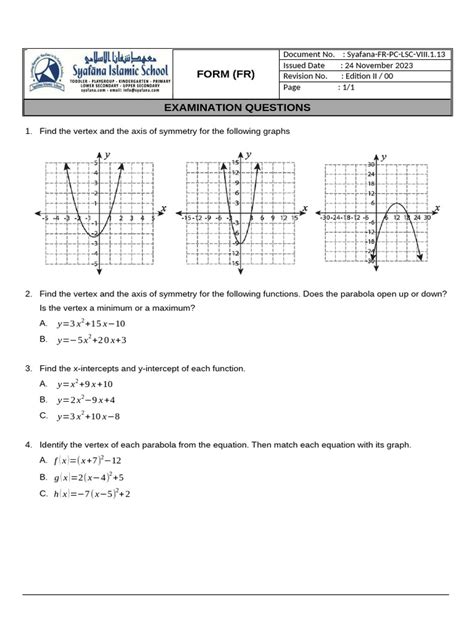 Find The Vertex And The Axis Of Symmetry For The Following Graphs Pdf