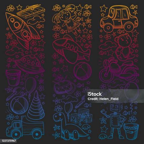 어린이 장난감 세트 아이 그리기 벡터 플랫 스타일 만화 일러스트레이션입니다 나무와 플라스틱 장난감 재미와 활동 유치원 보육 0명에 대한 스톡 벡터 아트 및 기타 이미지