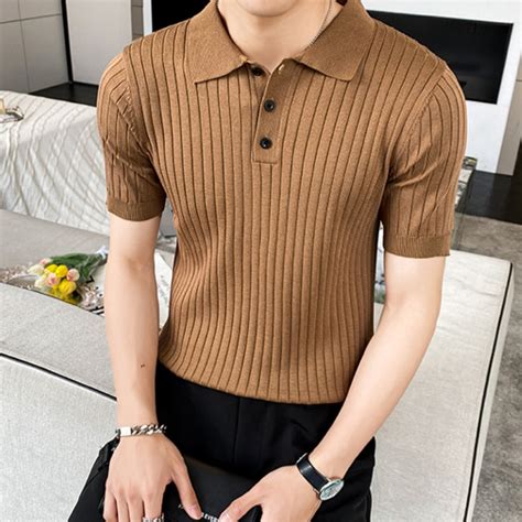 남성용 니트 폴로 셔츠 단색 반팔 라펠 티 셔츠 슬림 비즈니스 소셜 폴로 탑 스트리트웨어 옴므 2022 여름