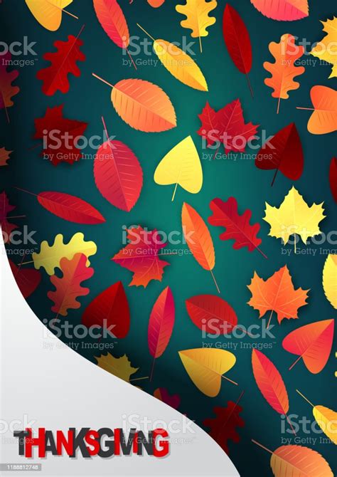 추수 감사절 전단지 또는 포스터 가을 전통적인 미국 휴일 단풍 나무와 오크 빨간색과 오렌지 잎 종이 를 벗겨 아래 배경 벡터 그림입니다 10월에 대한 스톡 벡터 아트 및