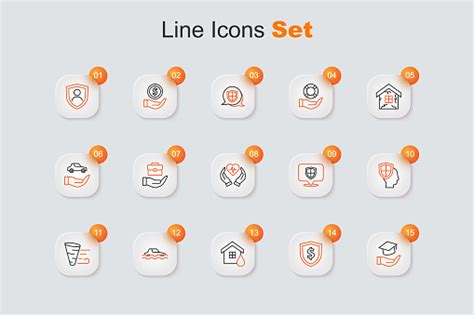 세트 라인 교육 보조금 달러 방패 집 홍수 홍수 자동차 토네이도 생명 보험 방패 위치 및 아이콘 벡터 가방에 대한 스톡 벡터