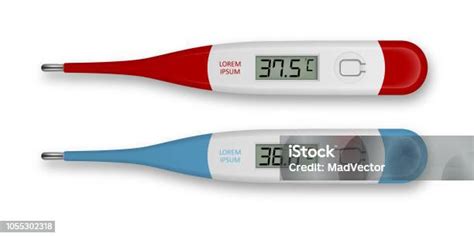 벡터 현실적인 3d 섭씨 전자 의료 온도계 측정에 대 한 Closeupisolated를 설정합니다 375 및 정상적인 366 발열입니다 온도 보여주는 디지털 온도계의 서식