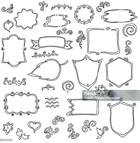 둥근 모서리와 식물 요소 컬 직사각형 방패 심장 잎 꽃과 구름 모양 깃발 모양 라벨 리본으로 손으로 그린 귀여운 라벨 프레임 세트 0명에 대한 스톡 벡터 아트 및 기타
