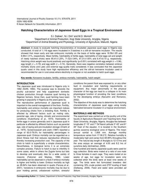 Hatching Characteristics Of Japanese Quail Eggs In A Tropical Environment Pdf Egg Chicken