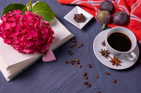 아로마톤 커피 오픈 북 핑크 수국 빨간 냅킨에 세 가지 무화과 흩어져 커피 콩과 파란색 배경에 다크 초콜릿 조각 3가지 개체에 대한 스톡 사진 및 기타 이미지 Istock