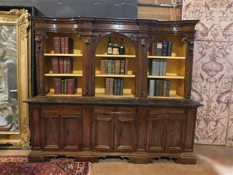 Walnut Bookcase With Carved Columns Doors And Open Shelves Italy For