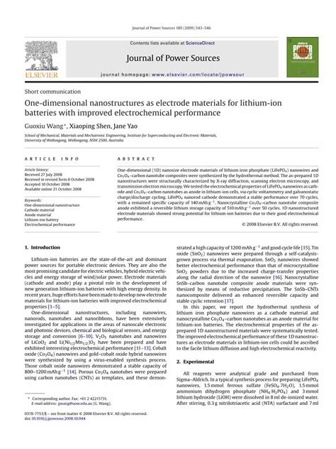 Pdf One Dimensional Nanostructures As Electrode Materials For Lithium Ion Batteries With