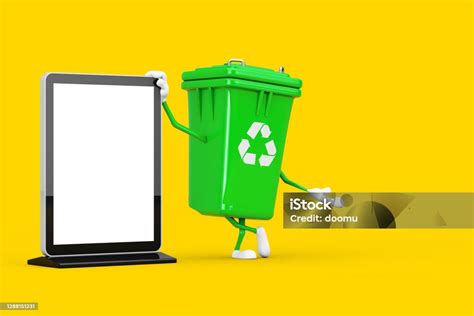 재활용 기호 녹색 쓰레기 쓰레기 통 캐릭터 마스코트 빈 무역 쇼 Lcd 화면 은 당신의 디자인을위한 템플릿으로 스탠드 3d 렌더링 0명에 대한 스톡 사진 및 기타 이미지