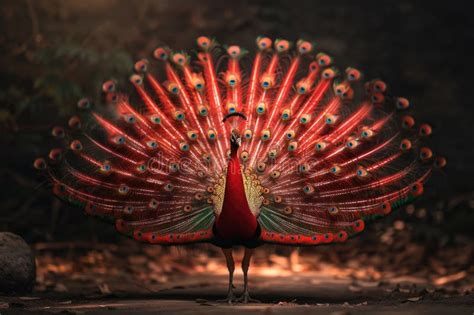 A Vibrant Red Peacock Spreads Its Magnificent Feathers On Display Stock