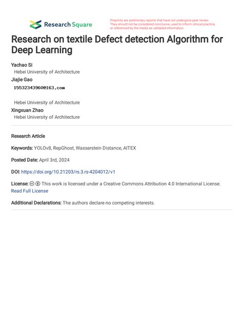 PDF Research On Textile Defect Detection Algorithm For Deep Learning