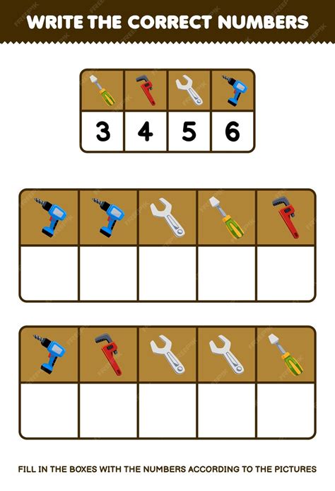어린이를 위한 교육 게임은 테이블 인쇄 가능한 도구 워크시트에 있는 귀여운 드라이버 렌치 드릴 그림에 따라 상자에 올바른 숫자를 씁니다 프리미엄 벡터