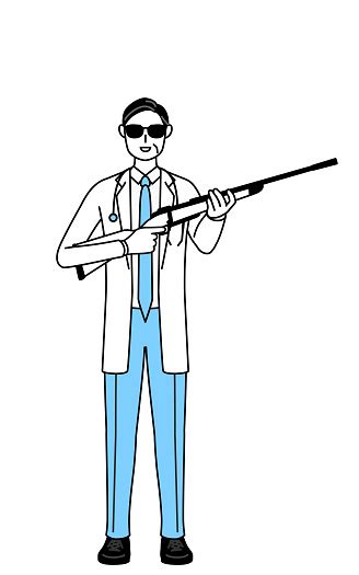 청진기가 달린 흰 코트를 입은 남자 의사 선배 선글라스를 끼고 소총을 들고 있는 중년 베테랑 건강 진단에 대한 스톡 벡터 아트 및 기타 이미지 Istock