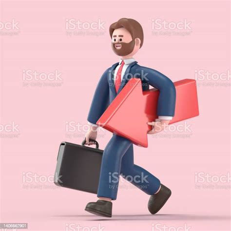 빨간색 화살표로 걷고 있는 웃는 사업가 밥의 3d 일러스트레이션3d 핑크색 배경에 렌더링 가공의 인물에 대한 스톡 사진 및 기타 이미지 Istock