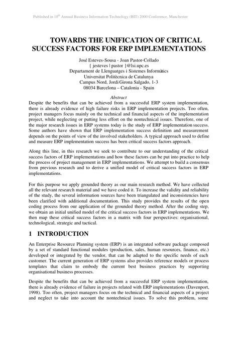 pdf towards the unification of critical success factors for erp implementations