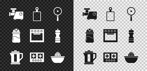 주방 고기 분쇄기 도마 프라이팬 전기 주전자 가스 렌지 감귤류 과즙 짜는기구 소금 및 오븐 아이콘을 설정합니다 벡터 가열장치에 대한 스톡 벡터 아트 및 기타 이미지 Istock