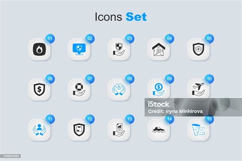 홍수 자동차 구명 부표 위치 방패 보험 토네이도 비행기 불 불꽃 및 아이콘을 설정하십시오 벡터 가방에 대한 스톡 벡터 아트 및