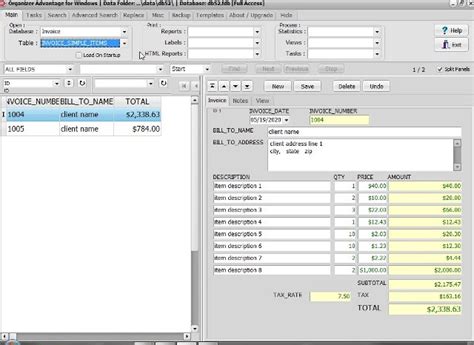 Free Invoicing Billing Database Template For Organizer Advantage