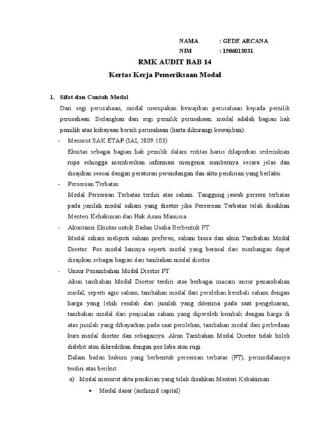Rmk Audit 14 Kertas Kerja Pemeriksaan Modal Pdf