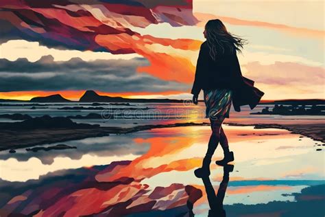 Woman At Sunset By The Water Neural Network Generated Art Stock
