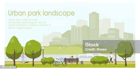 도시 공원 풍경 평면 그림입니다 텍스트에 대한 장소가있는 가로 배너 템플릿 스톡 벡터입니다 도시 공원에서 휴식을 취하고 개와 함께 걷고 자전거를 타는 사람들 도시에 대한