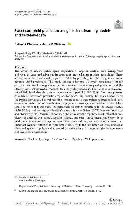 pdf sweet corn yield prediction using machine learning models and field level data