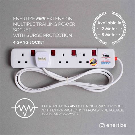 Enertize Ems 4 Gang Extension Multiple Trailing Power Socket With Surge