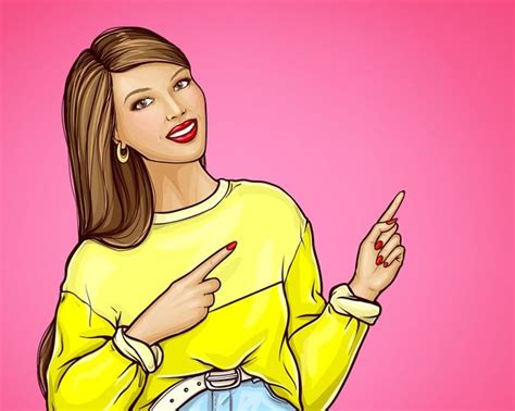 Улыбающаяся девушка указывая пальцем на что то в стиле поп арт