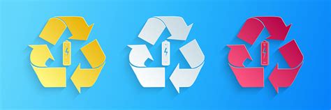 파란색 배경에 분리된 재활용 기호 아이콘이 있는 용지 절단 배터리입니다 재활용 기호가 있는 배터리 재생 에너지 개념 종이 아트 스타일 벡터 개념에 대한 스톡 벡터 아트 및