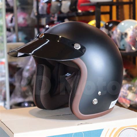 หมวกกันน็อคทรงวินเทจ Avex Lb สีล้วนขอบน้ำตาล พร้อมแก๊ปหมวก Kd Motor Thaipick